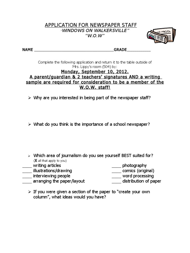 Newspaper Staff Application Form | PDF | Career & Growth