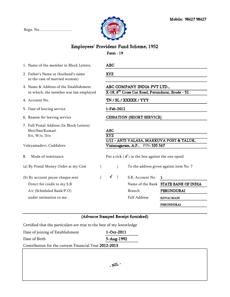 EPF Form 19 10 C Format | Download Free PDF | Money Order | Cheque