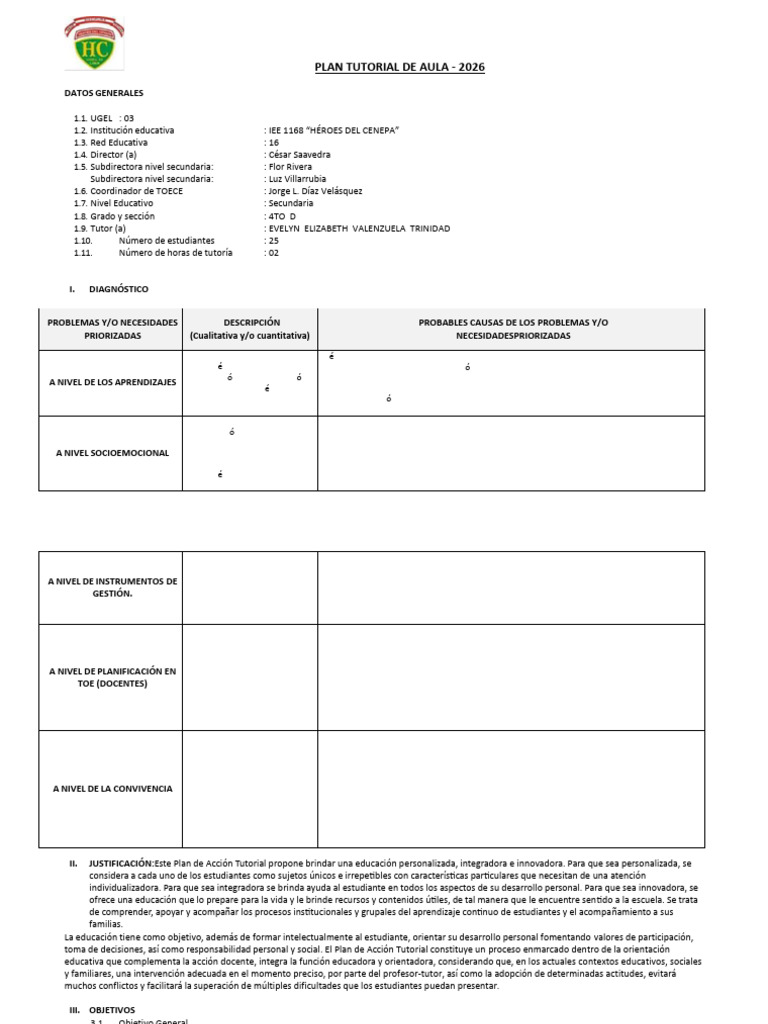 Plan Tutorial de Aula 2026 Propuesta | PDF | Evaluación | Salud mental