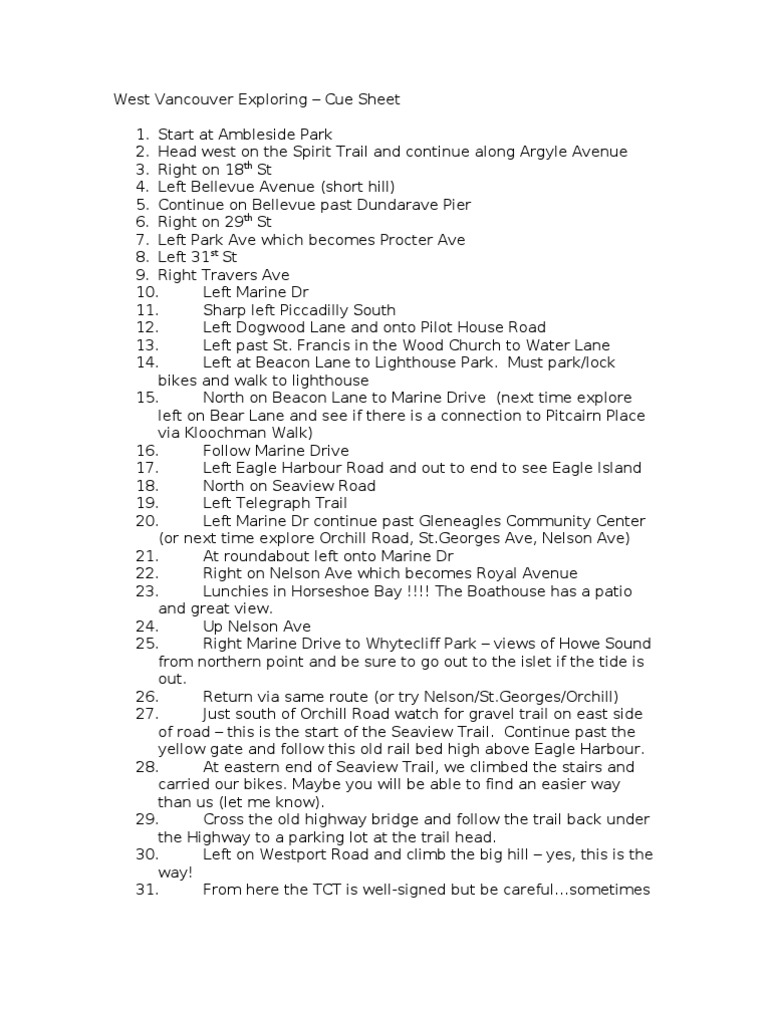 West Vancouver Exploring - Cue Sheet | PDF | Land Transport | Transport ...