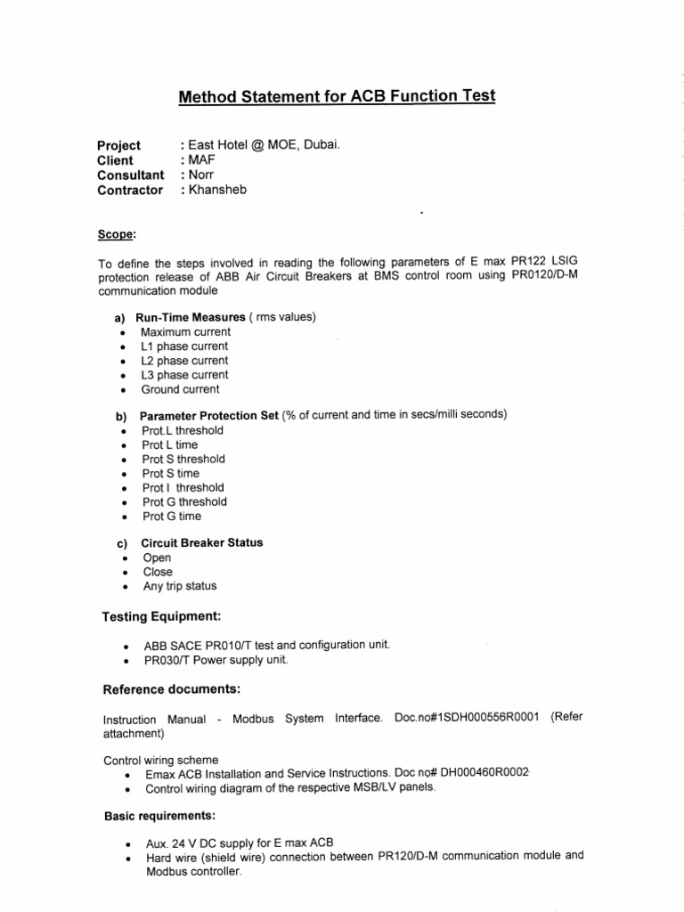 Method Statement For ACB Testing | PDF