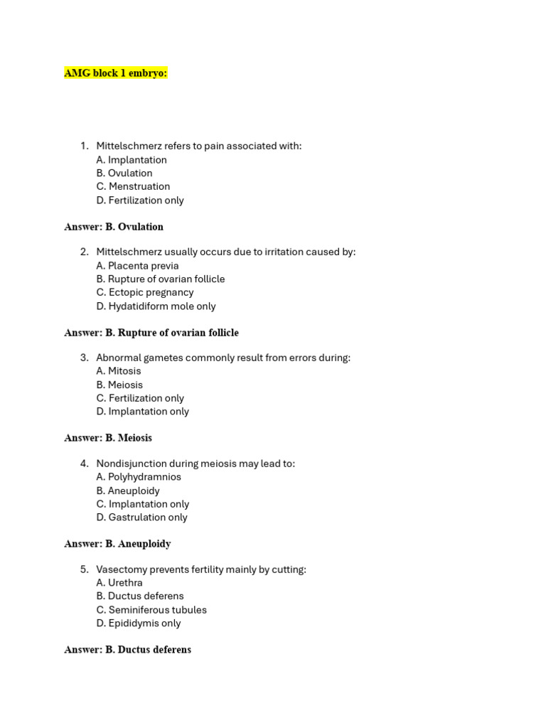 AMG Block 1 Embryo Scenario Based Mcqs Test | PDF | Twin | Placenta