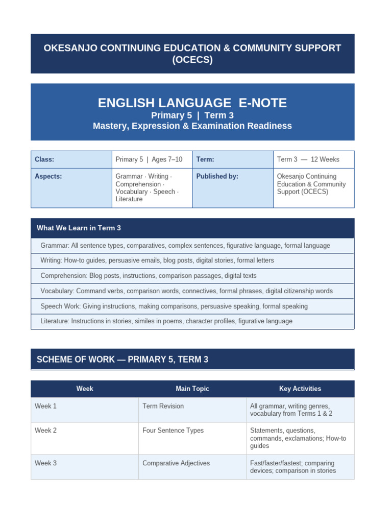 OCECS P5 English Enote Term3 | PDF | Part Of Speech | Reading Comprehension