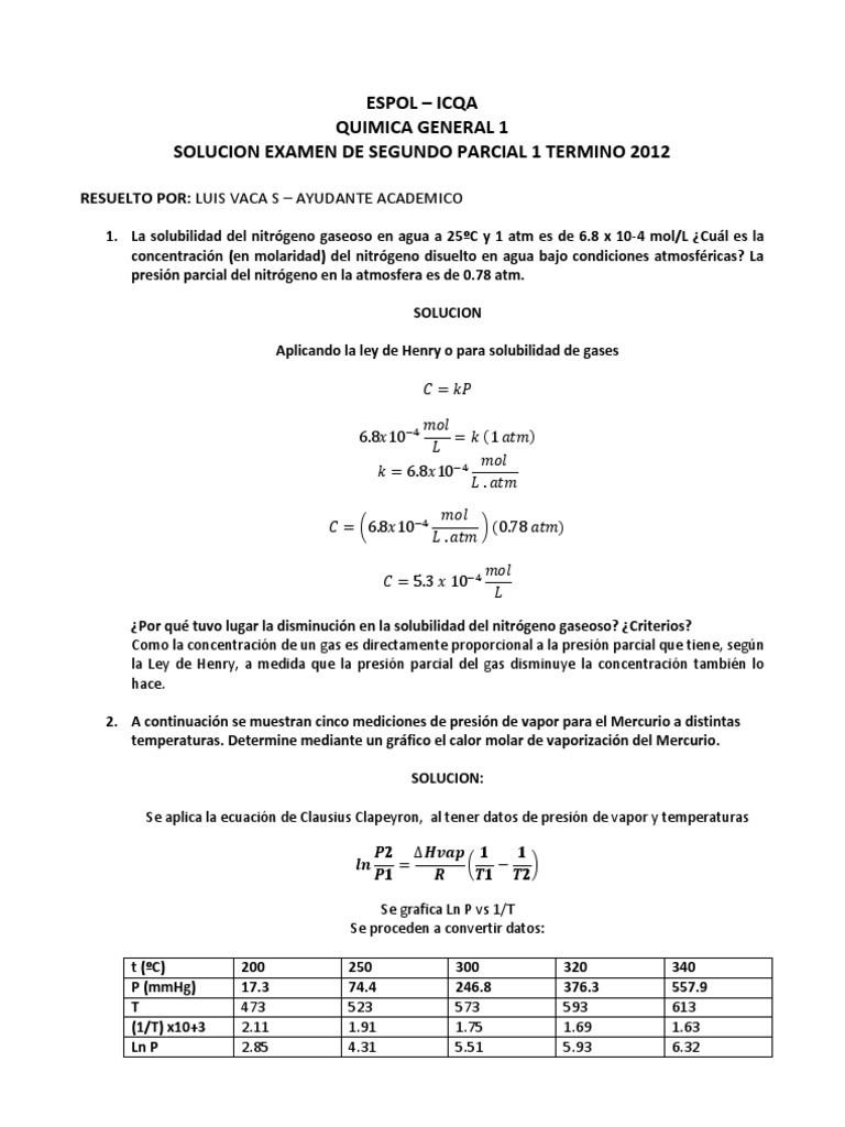 Solucion Ex QG1 2 Parcial 2012 | PDF | Entalpía | Calor