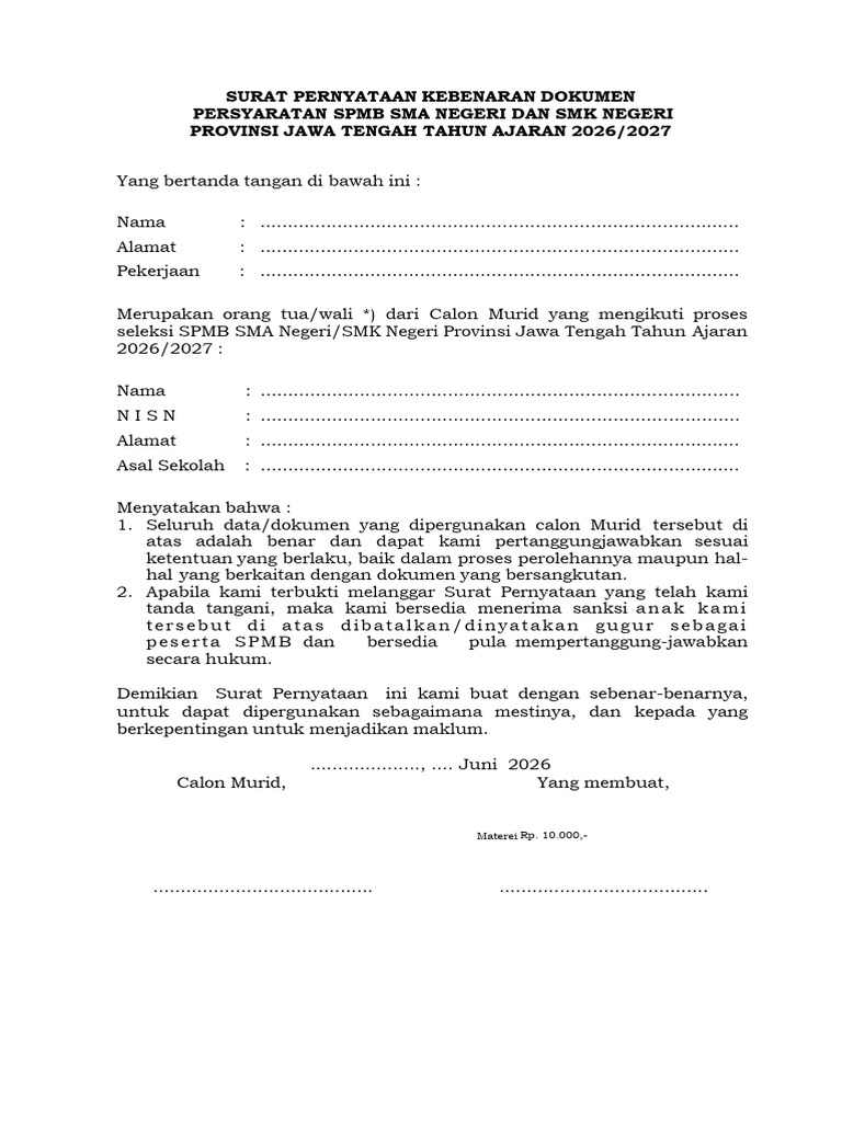 1. Surat Pernyataan Kebenaran Dokumen SPMB 2026 | PDF