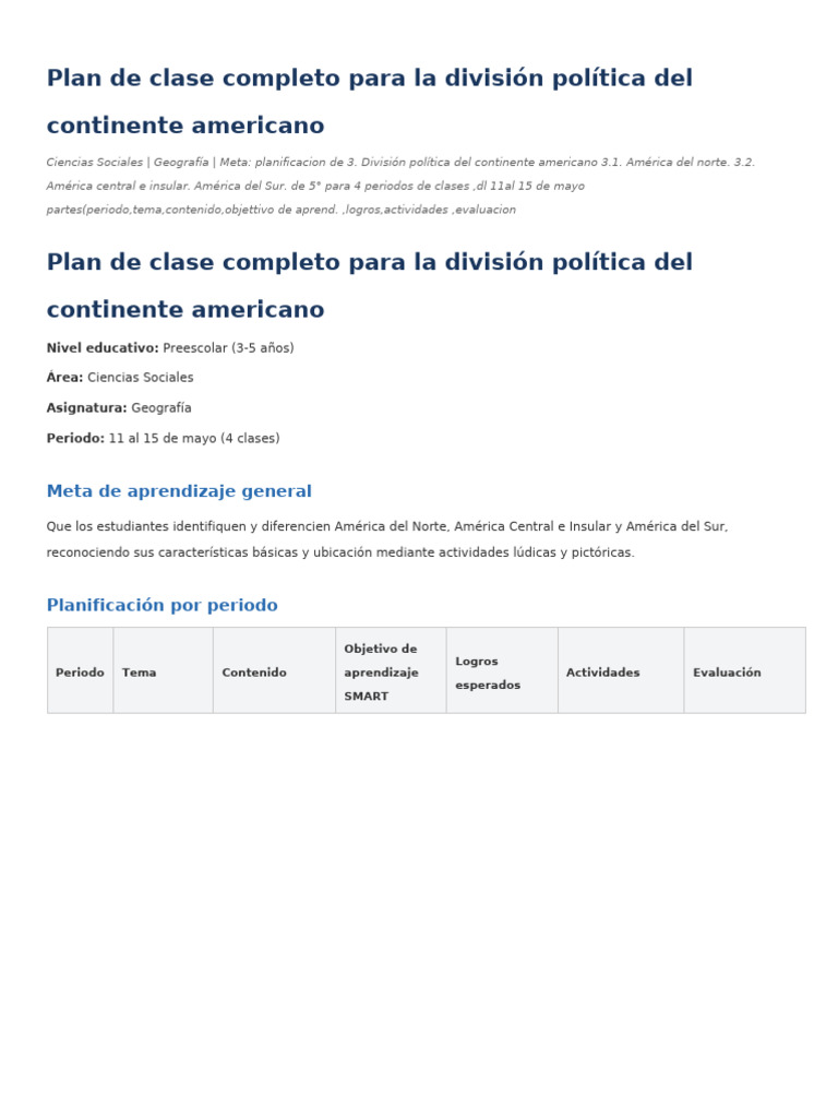 Plan de Clase Completo Para La División Política Del Continente ...