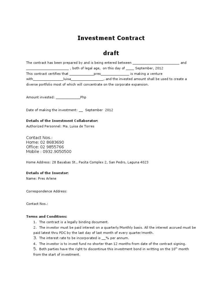 Investment Contract Template Draft | PDF | Interest | Bonds (Finance)