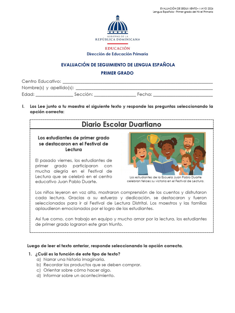 1.Er Grado Lengua Española Eval-seg-may26 Primer Ciclo | PDF | Escuelas ...