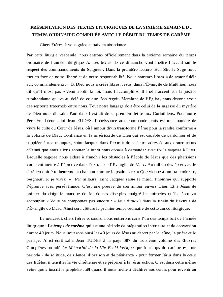 Présentation de La Sixième Semaine Du Temps Ordinaire Compilée Avec Le ...