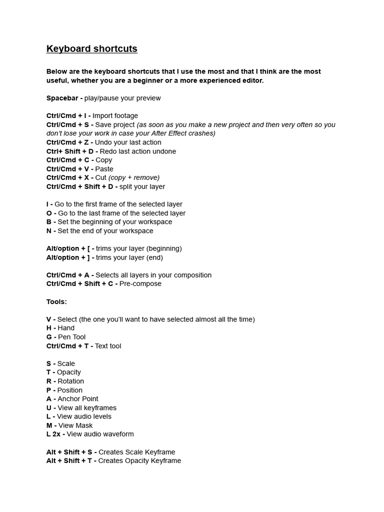 Keyboard Shortcuts - After Effects | PDF | Writing Implements | Input ...