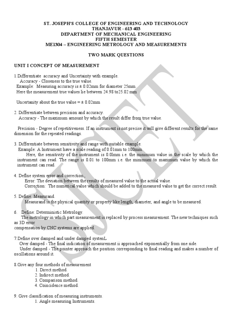 Engineering Metrology: Key Concepts and Questions | PDF | Gear ...