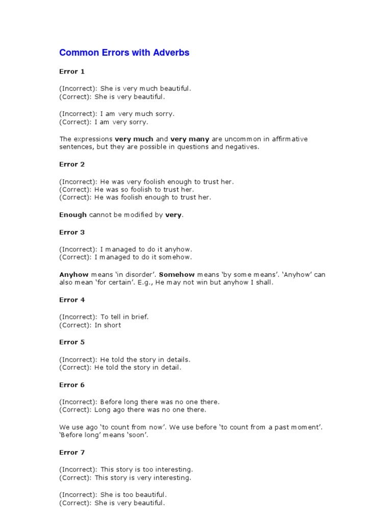 Common Errors With Adverbs | PDF | Grammatical Number | Adverb