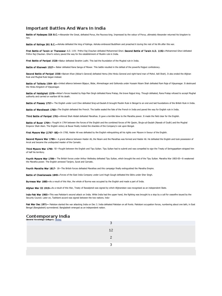 Important Battles and Wars in India | PDF | Indian National Congress ...