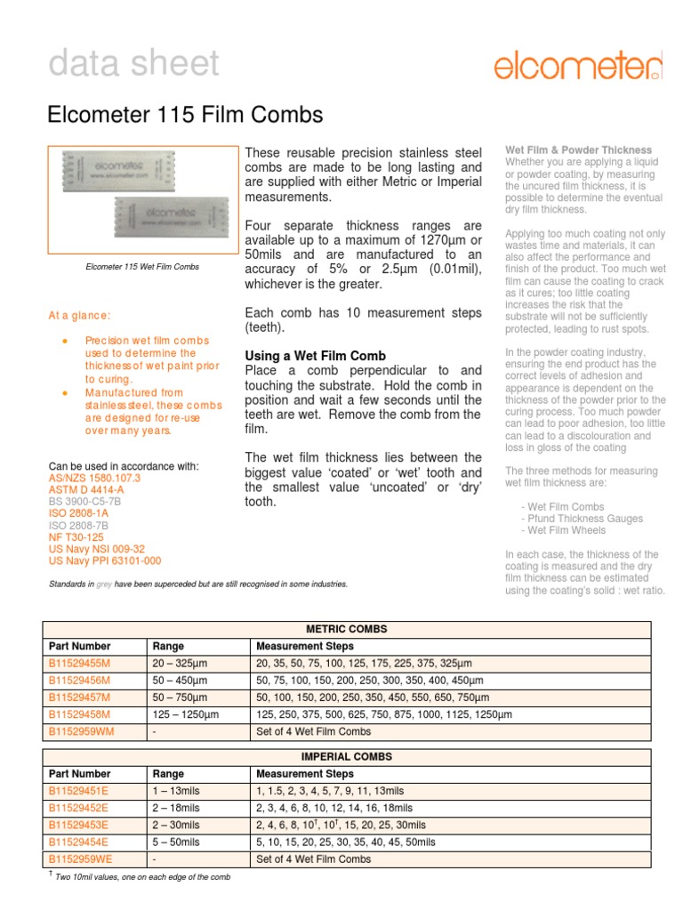 Elcometer Wet-Film Gage 115 Spec Sheet | PDF | Coating | Powder (Substance)