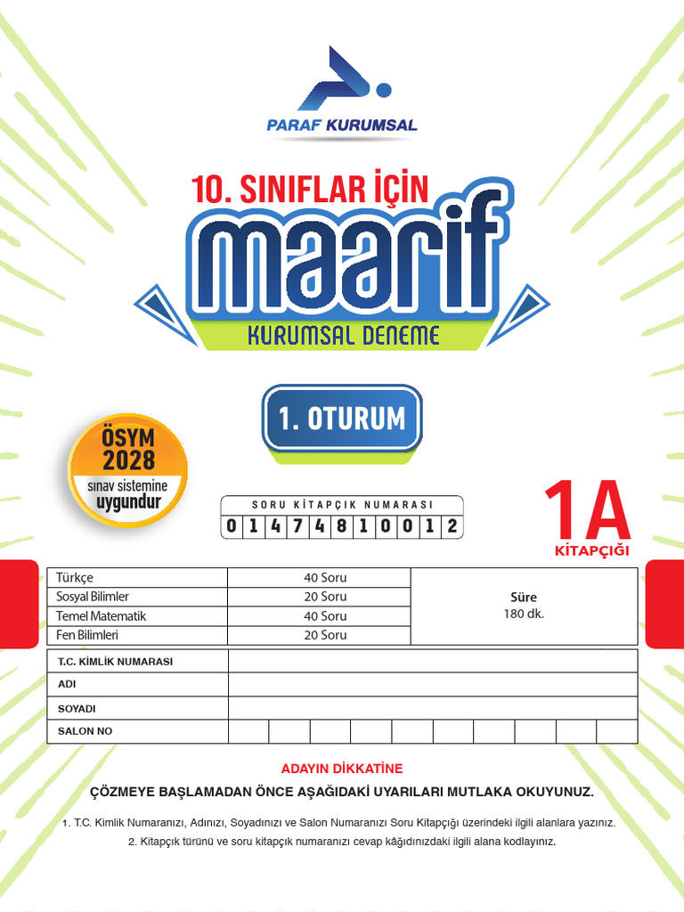 Paraf Yayinlari - Tyt - Maarif - TG - Kurumsal Deneme Sınavı - A Kit ...