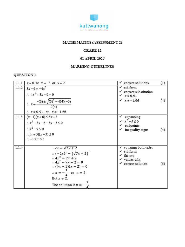Mathematics Grade 12 Assessment 2 Memorandum (1 April 2026) | PDF ...
