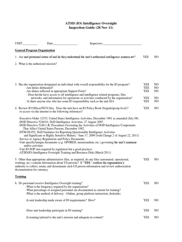 ATSD(IO) Intelligence Oversight Inspection Guide | United States ...