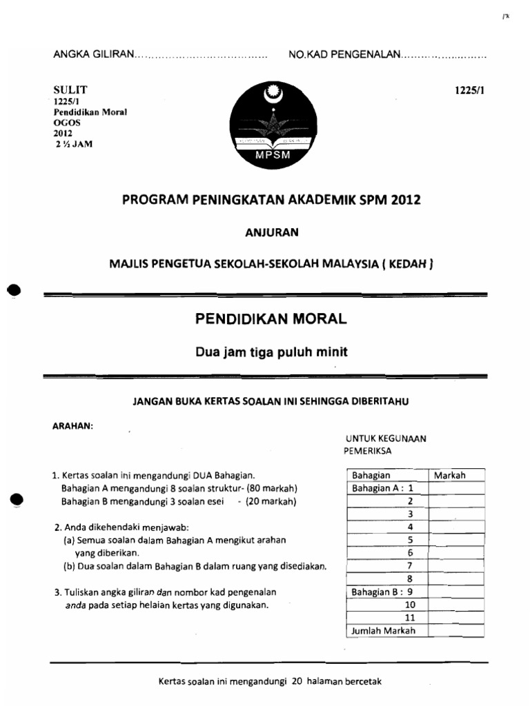 2012 PSPM Kedah Moral W Ans | PDF