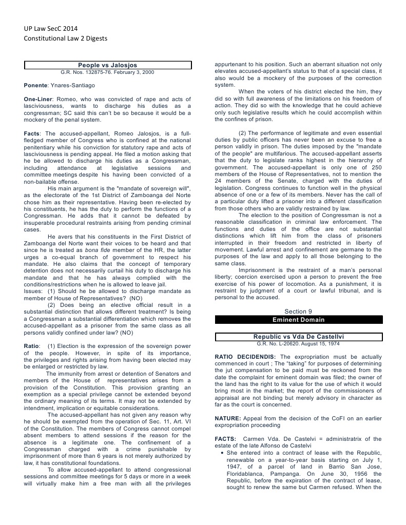 Consti 2 - UP Law SecC 2014 Case Digests | PDF | Eminent Domain | Pardon