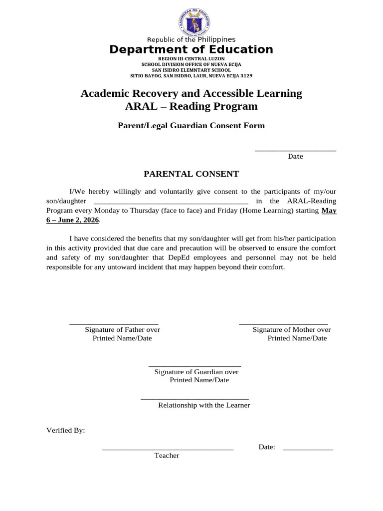 ARAL Parent Consent and Commitment Form | PDF