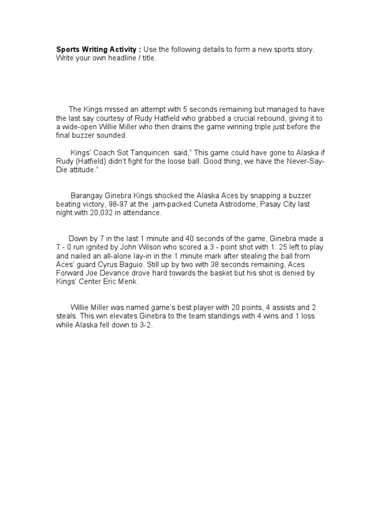 Sports Writing Activity | PDF | Basketball Teams | Ball Games