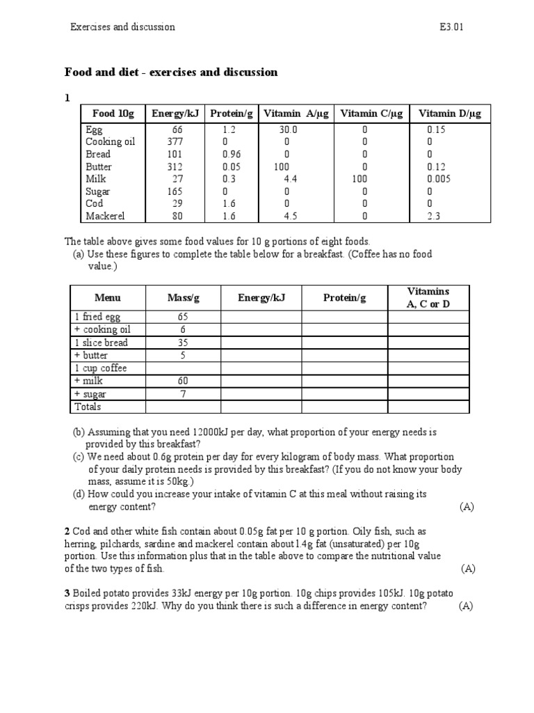 IGCSE BIOLOGY Exercises 03a1 Food Diet Exercises | PDF | Saturated Fat ...