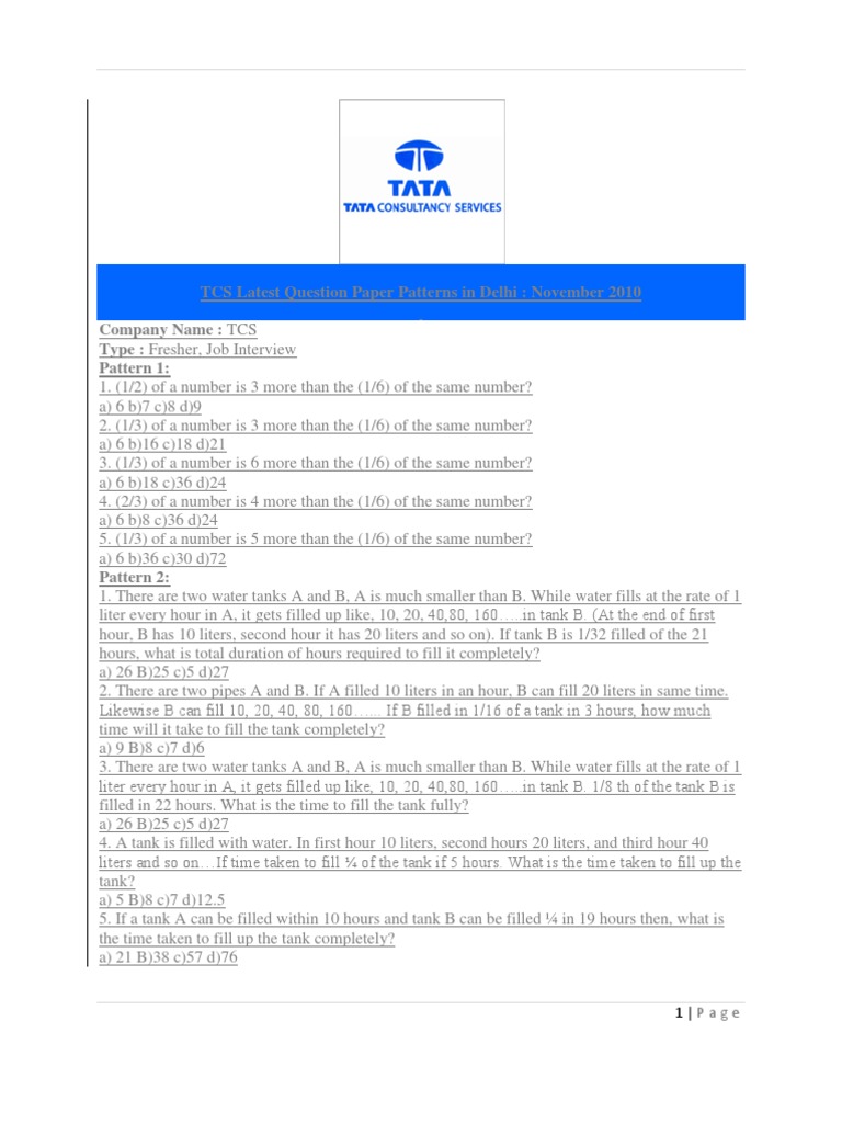 TCS Latest Question Paper Patterns in Delhi: November 2010 Company Name ...