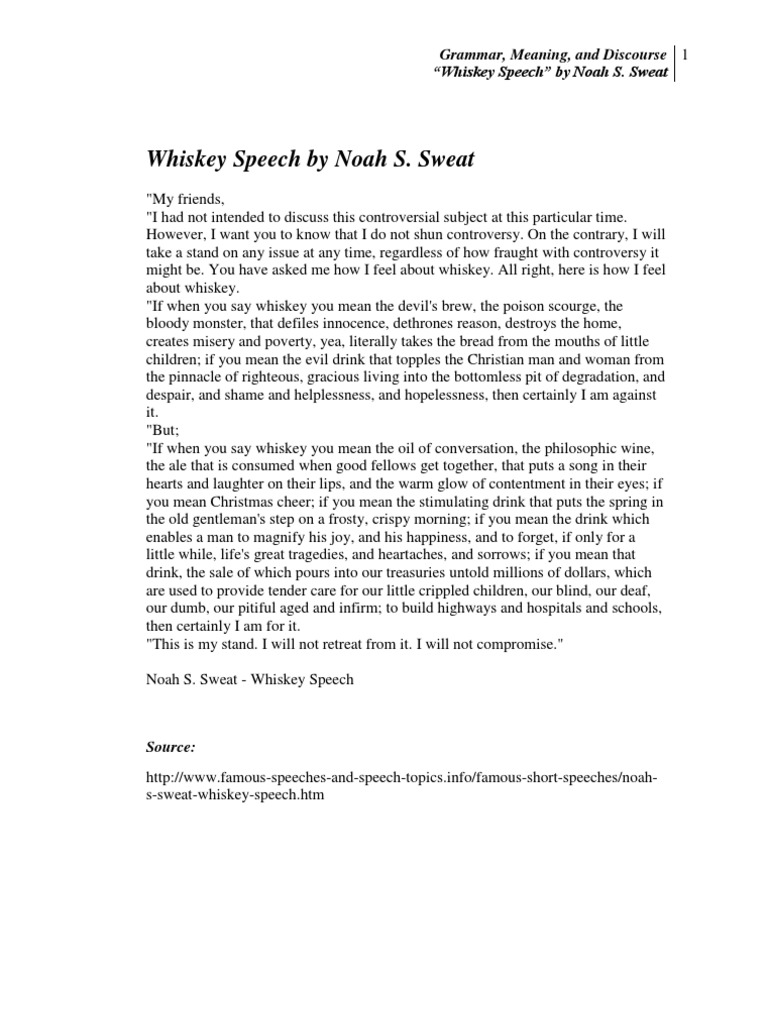 Noah S. Sweat's Whiskey Speech Analysis | PDF | Style (Fiction) | Grammar