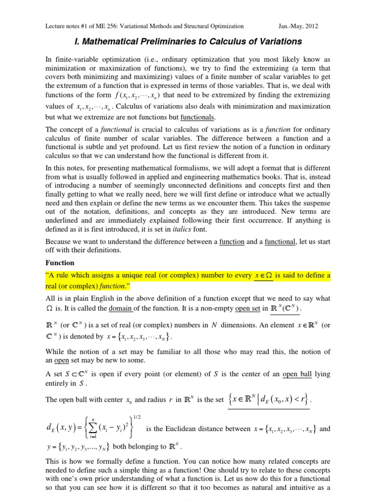 I. Mathematical Preliminaries To Calculus of Variations: FXX X XX X ...