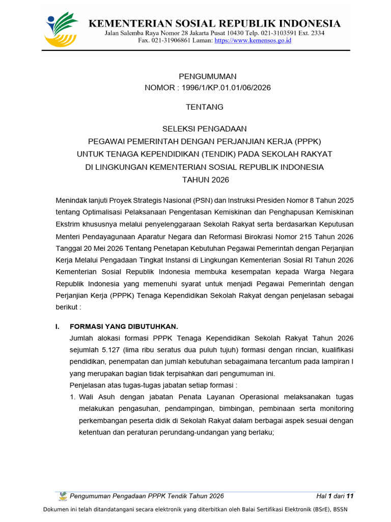 1996_Pengumuman Pengadaan Tendik SR 2026 | PDF