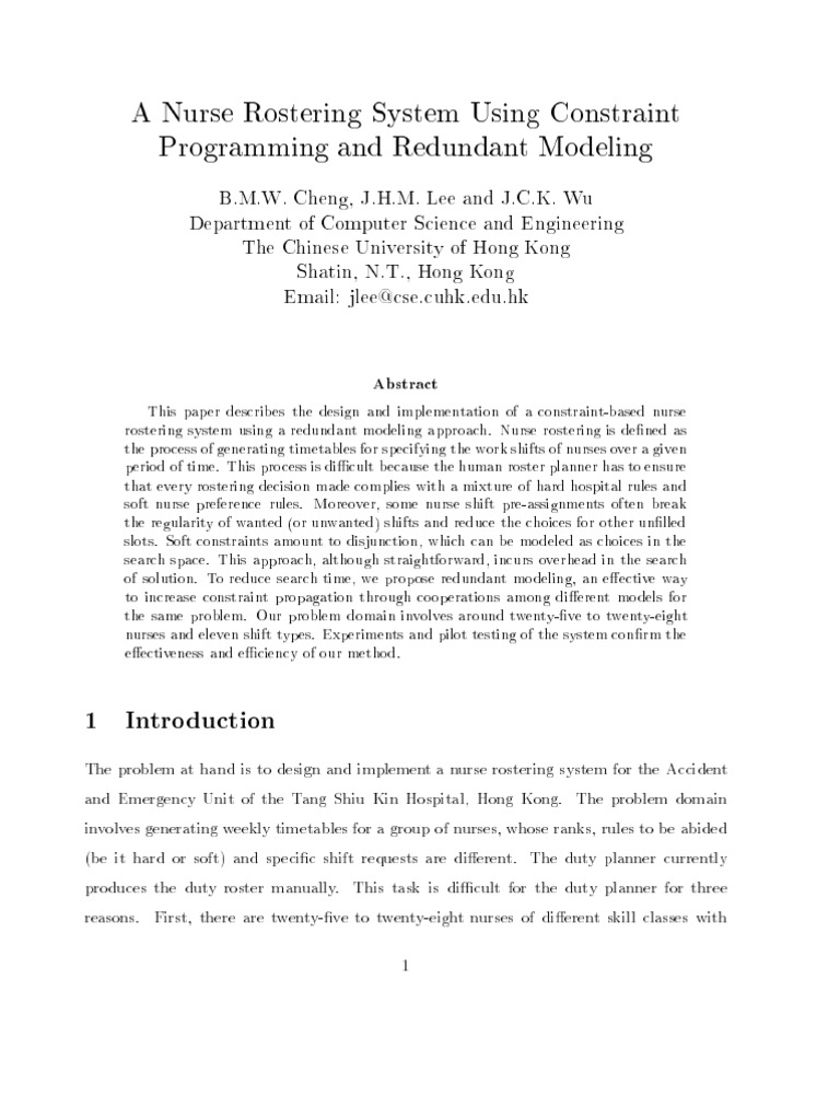 A Nurse Rostering System Using Constraint Programming and Redundant Modeling | PDF | Software ...