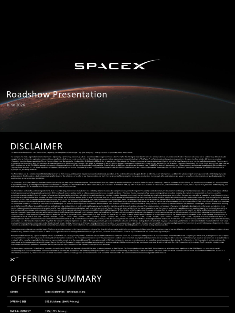 SpaceX IPO Roadshow | PDF | Satellite | Artificial Intelligence
