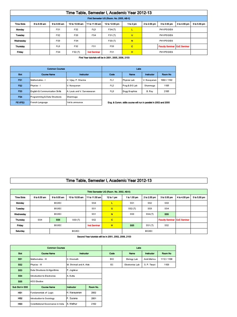 UG Time Table for Semester I 2012-13 | PDF | Computing | Computing And ...