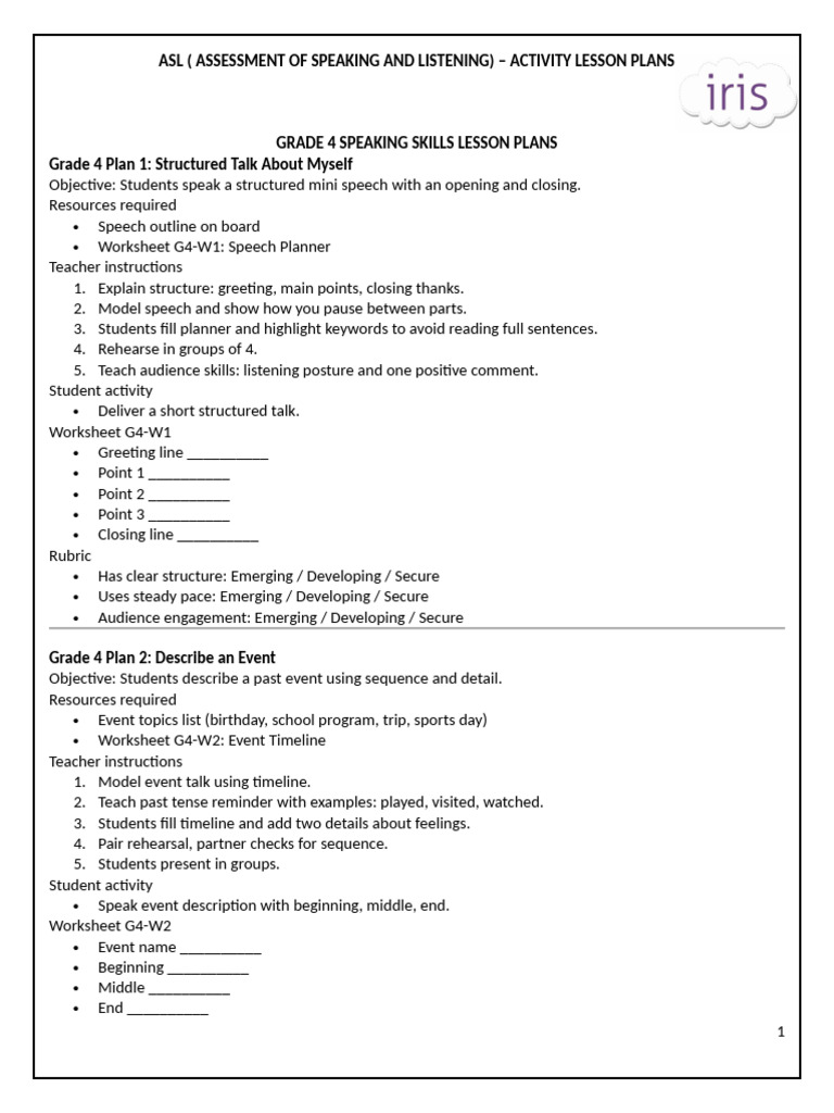 Grade 4 Speaking Skills Lesson Plans | PDF | Reading Comprehension ...
