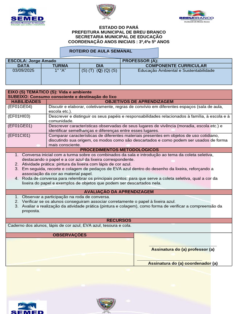 ROTEIRO DE AULA SEMANAL (1 ANO) | PDF | Desenho | Aprendizado