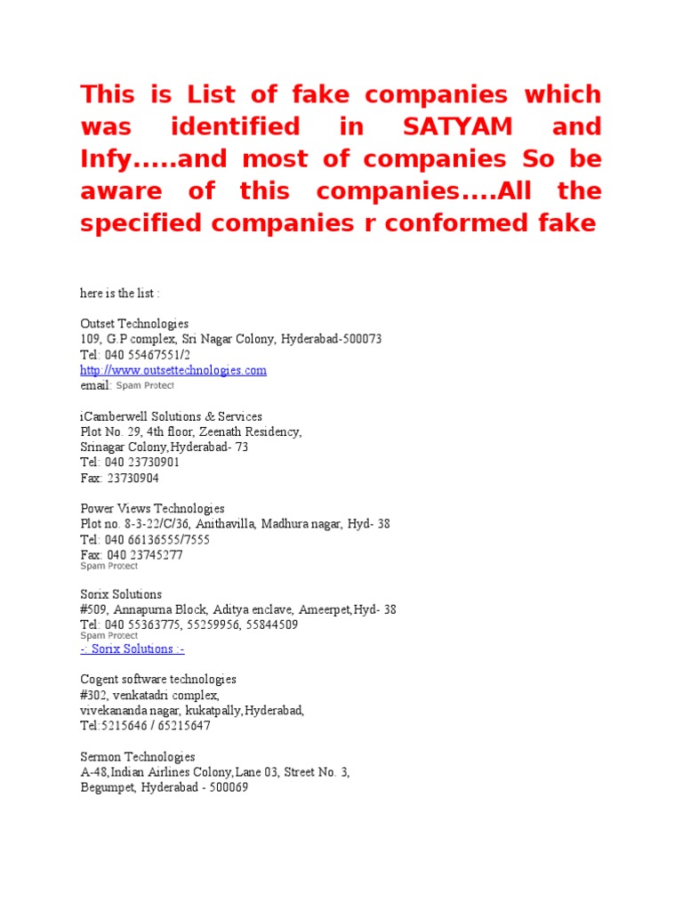 Fake Company List by Satyam & Infosys | Bangalore | Technology