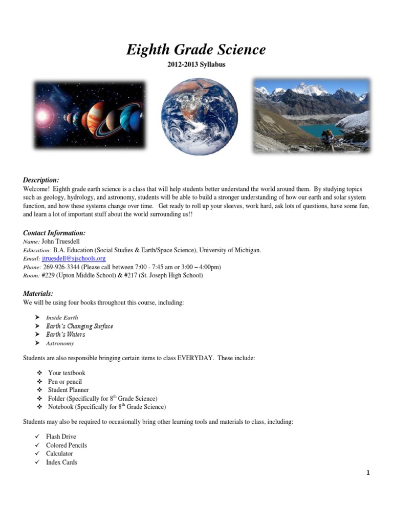 8th Grade Science Syllabus 2012-2013 | PDF | Syllabus | Classroom