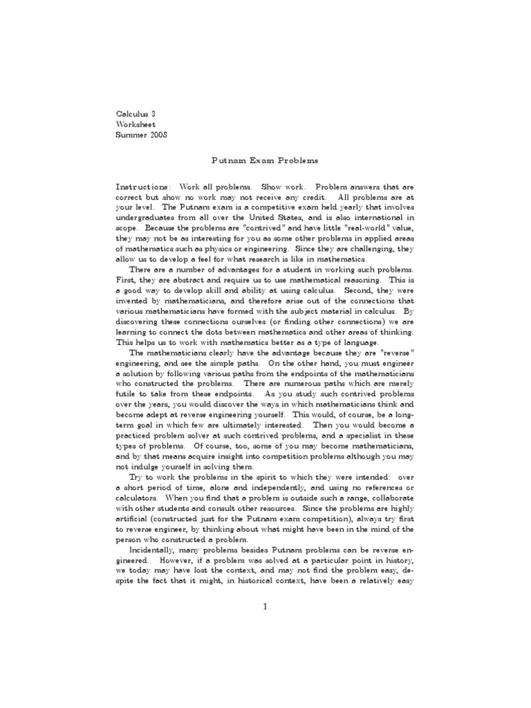 Putnam Exam Calculus Problems | PDF | Series (Mathematics) | Tangent