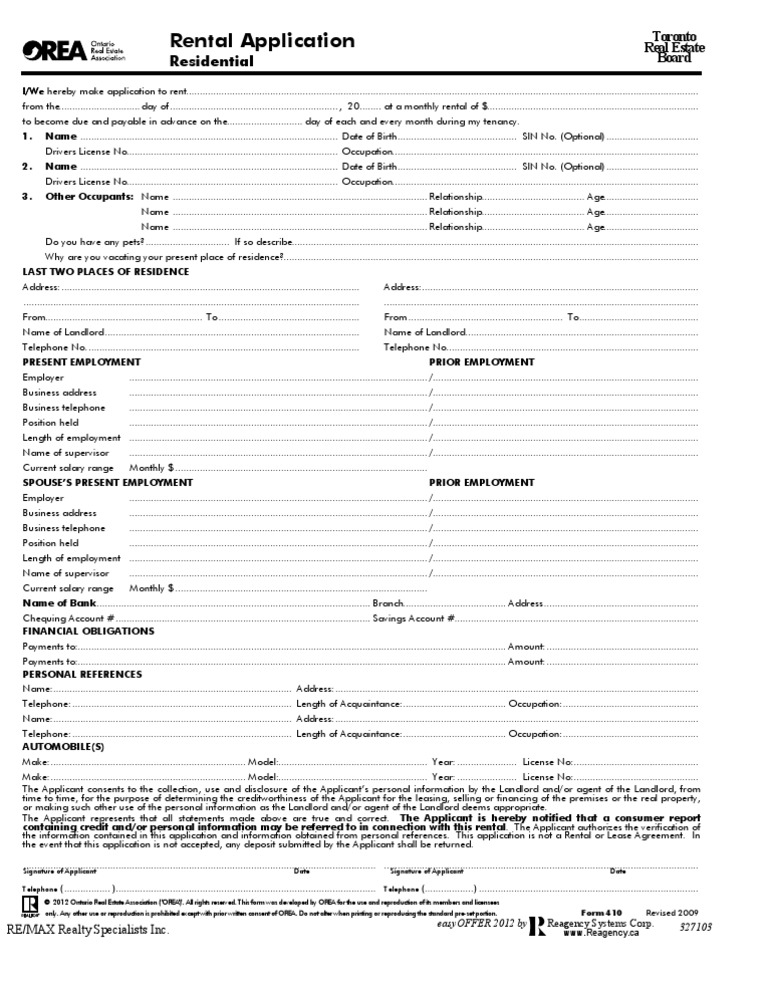 TREB Rental Application | PDF | Lease | Renting