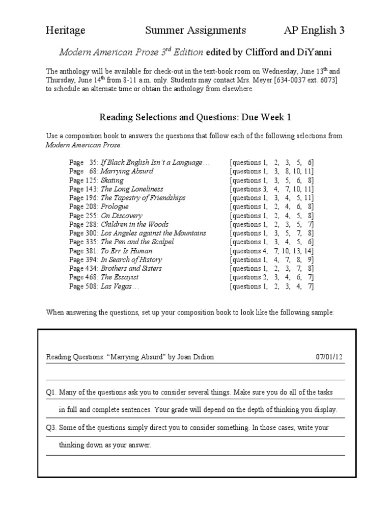 AP English 3 New Summer Directions | PDF | Essays