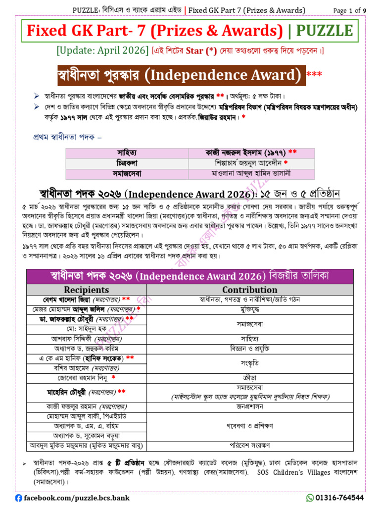 (Prize & Awards) Fixed GK P7 (PUZZLE) 2026 | PDF