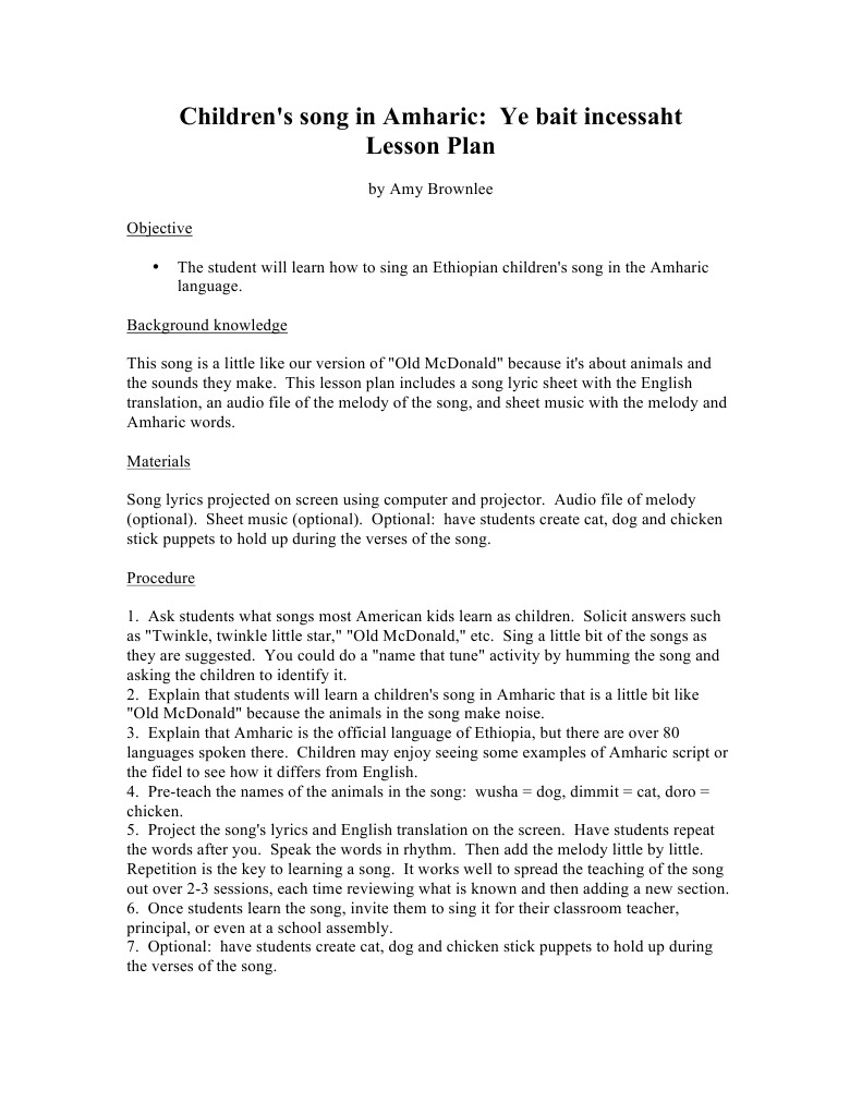 Amharic Children's Song Lesson Plan | PDF | Songs | Sheet Music