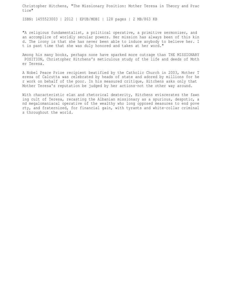 The Missionary Position - Mother Teresa in Theory and Practice | PDF ...