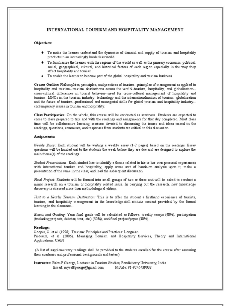 Introduction To Tourism and Hospitality - Syllabus | PDF | Tourism | Essays