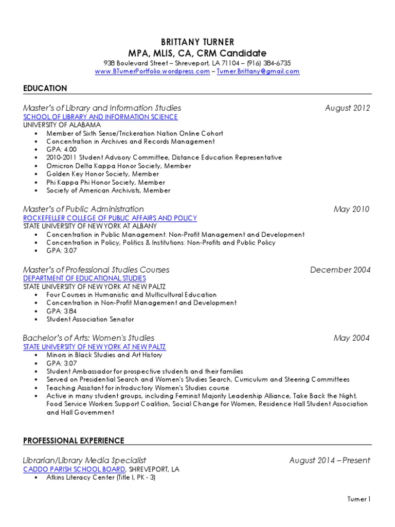 Brittany Turner CV | PDF | School Library | Records Management