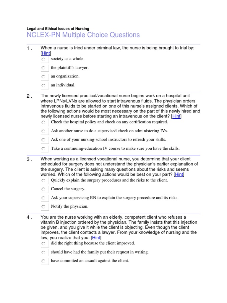 NCLEX-PN Multiple Choice Questions: Legal and Ethical Issues of Nursing ...