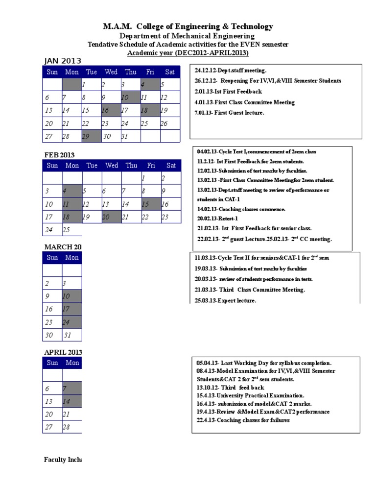 Mechanical Engineering Academic Schedule 2013 | PDF