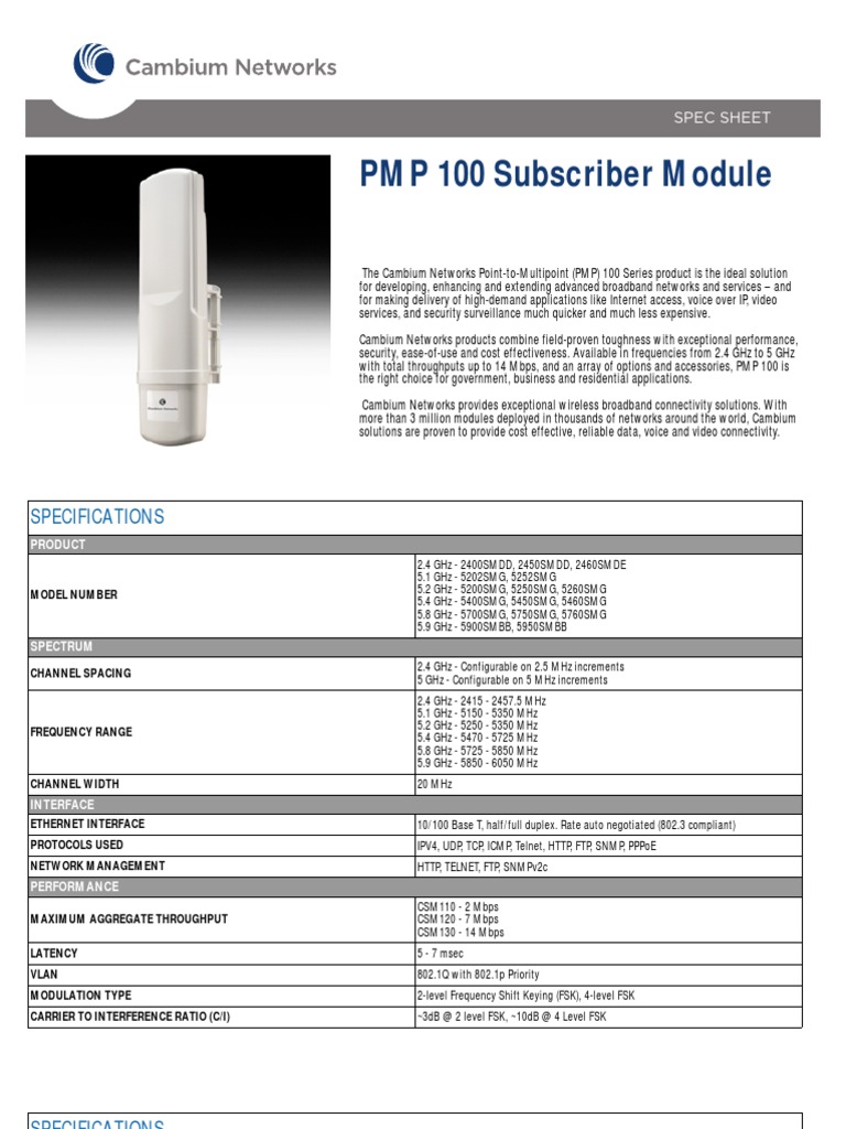Cambium Networks PMP 100 Subscriber Module Specification | PDF ...