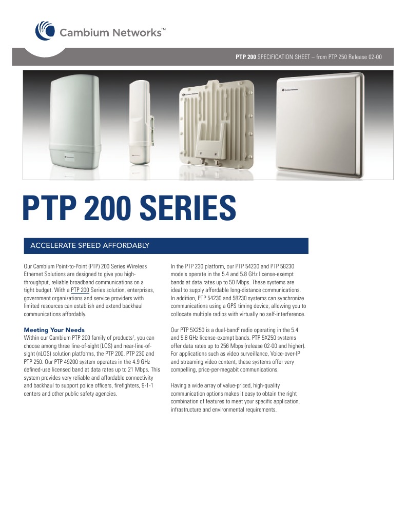 PTP 200 Series: Accelerate Speed Affordably | PDF | Antenna (Radio ...