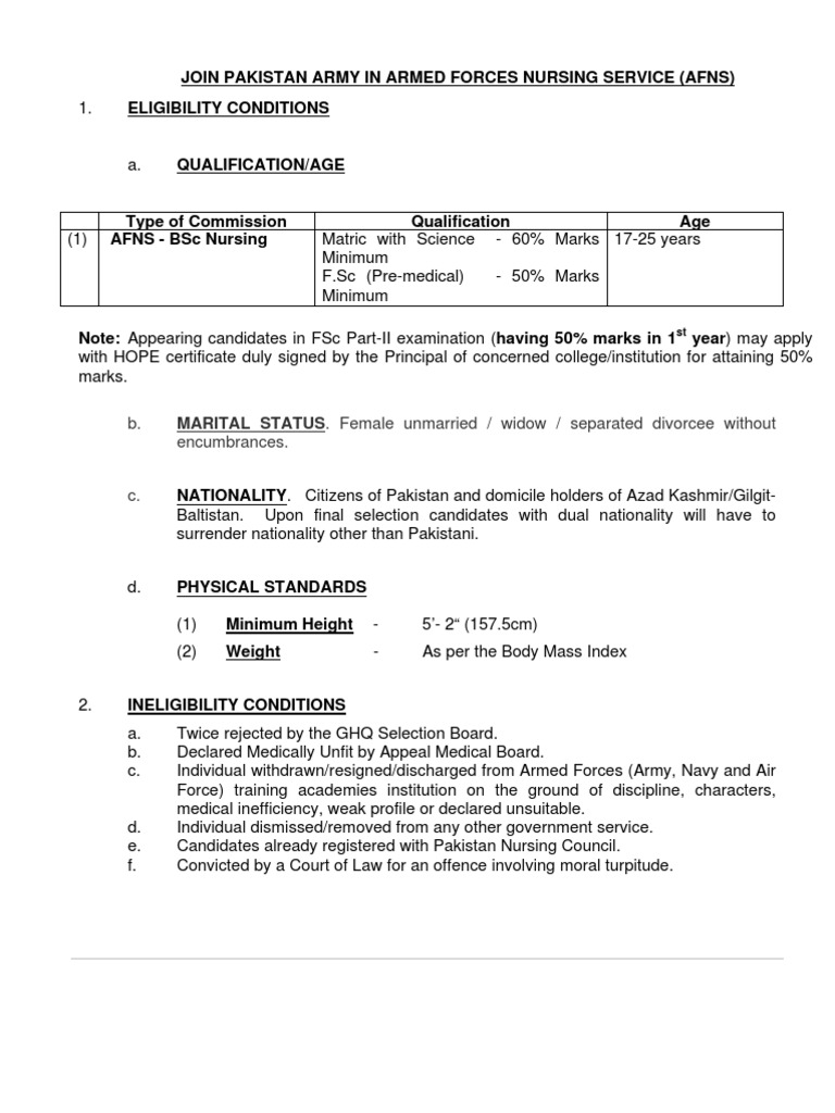 Eligibility Criteria For Joining Pakistan Army In Armed Forces Nursing